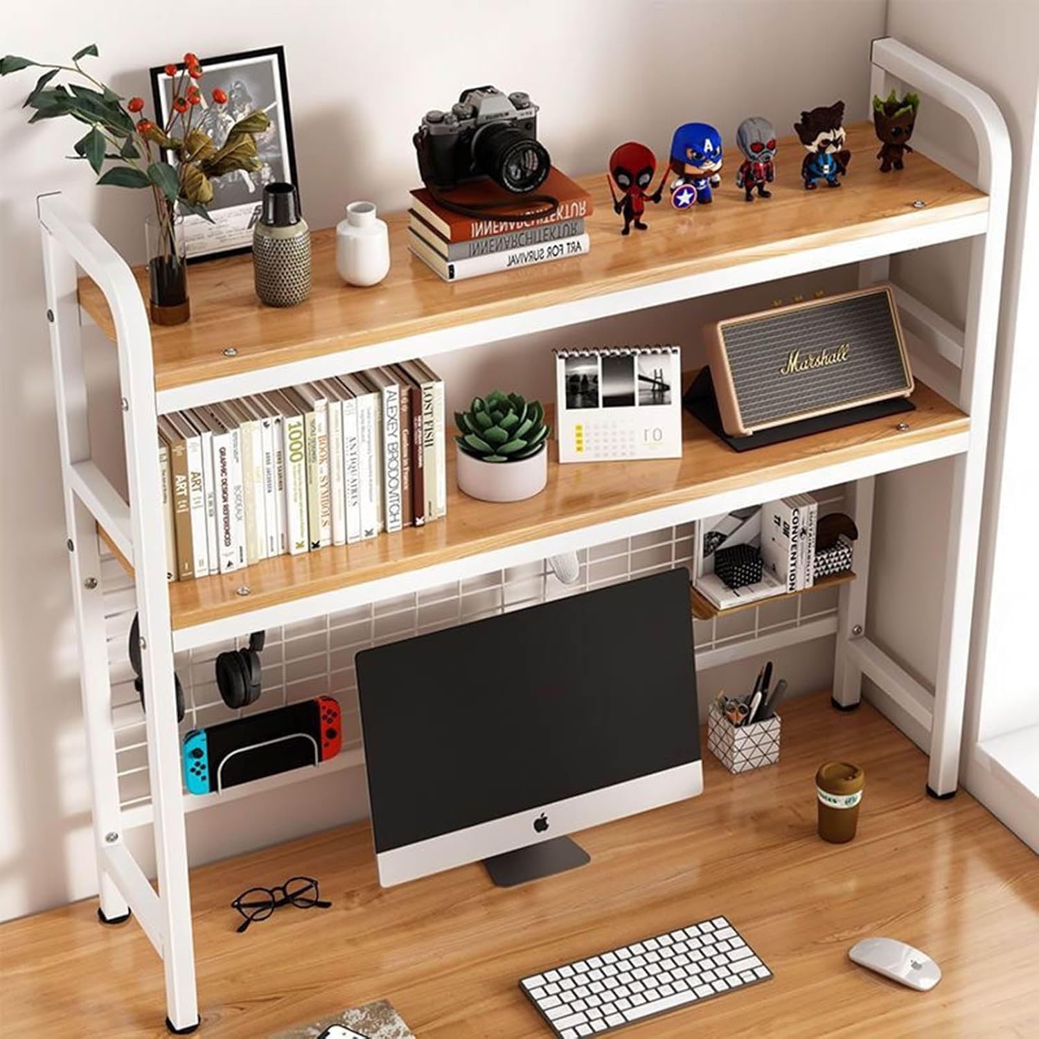 Amazon.com : 2-Tier/3-Tier Desktop Bookshelf For Computer Desk, Grid ...