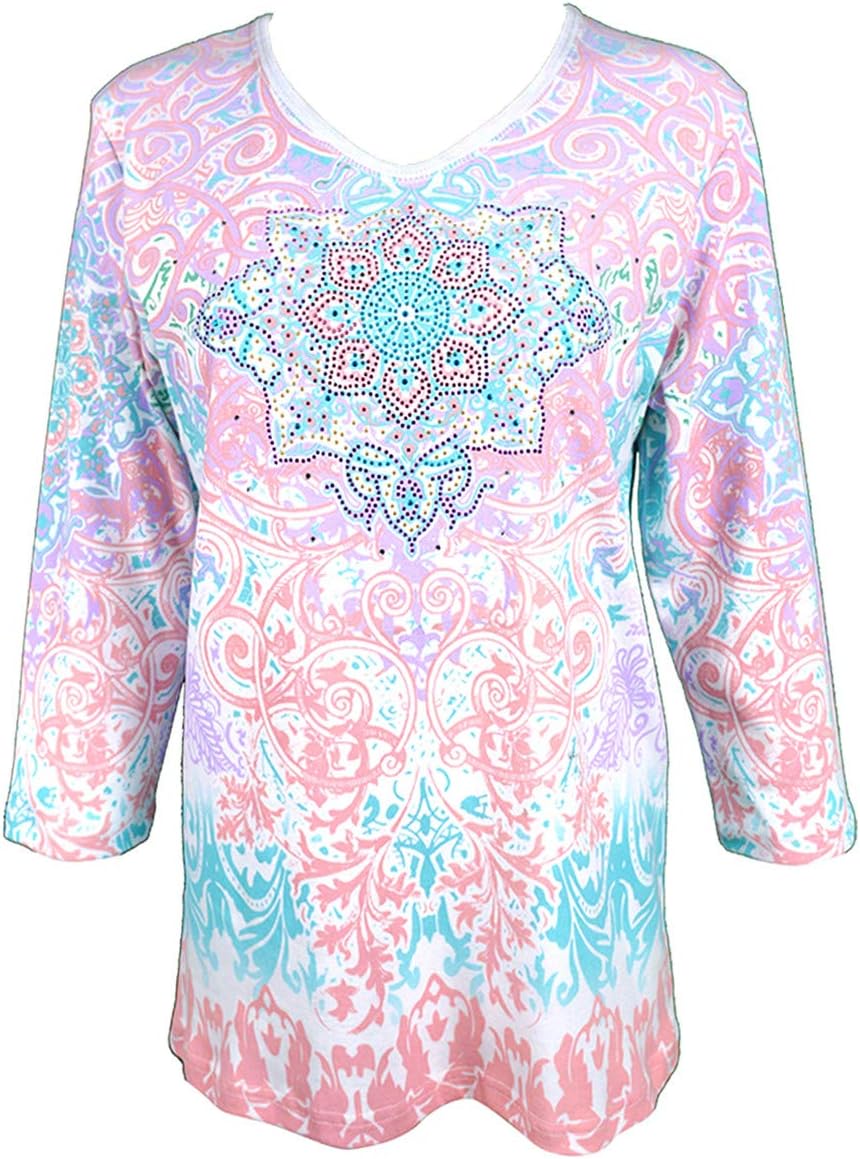 Cactus Bay Apparel Pastel Lace, 3/4 Sleeve Rhinestone Accent V-Neck ...