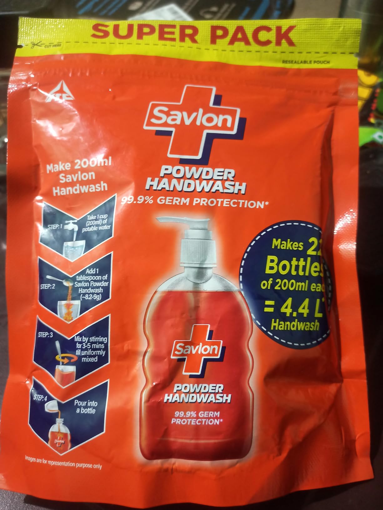 Savlon Powder-to-Gel Handwash Refill Super Pack, 200g, Makes 4.4L Hand ...