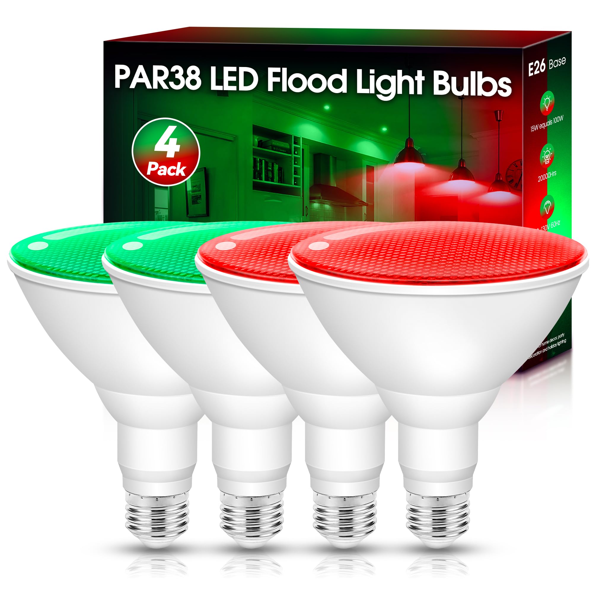 Red and Green Light Bulbs [4 Pack], Par38 LED Red Green Flood Light ...