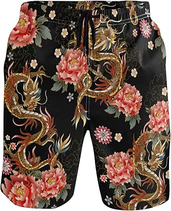 visesunny Chinese Dragon Peony Cherry Blossom Men's Swim Trunks Quick ...