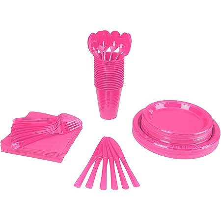 Amazon.com: WDF 25 Guest Pink Plates with Disposable Plastic Silverware ...