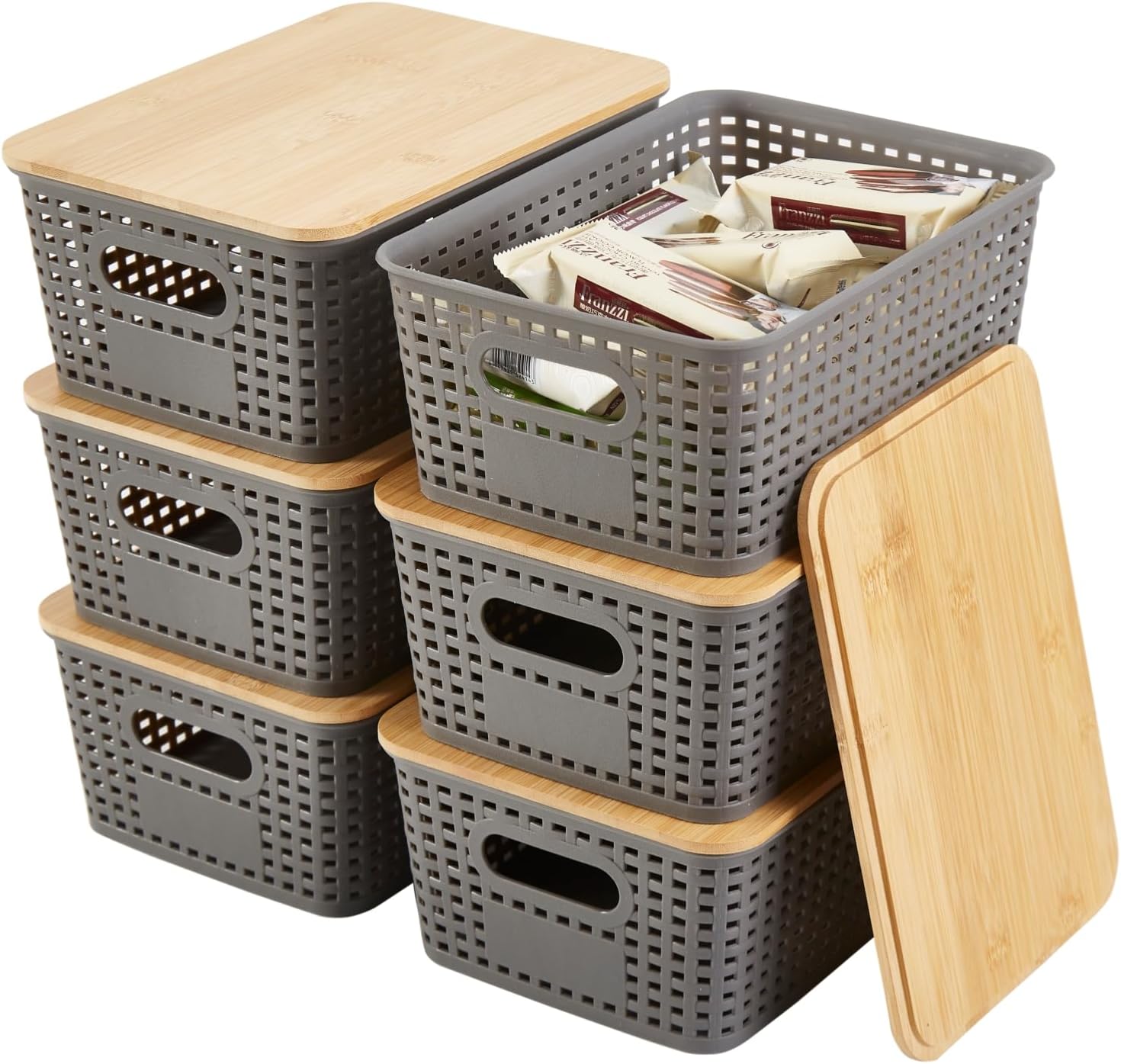 Sagittar Set of 6 Storage Boxes with Bamboo Lid, Imitation Rattan ...
