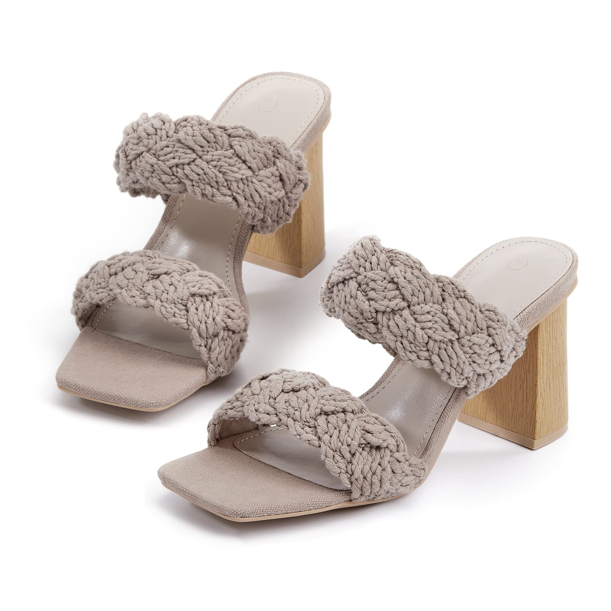 Womens Square Open Toe Heeled Sandals Braided Chunky Block Heels Slides ...