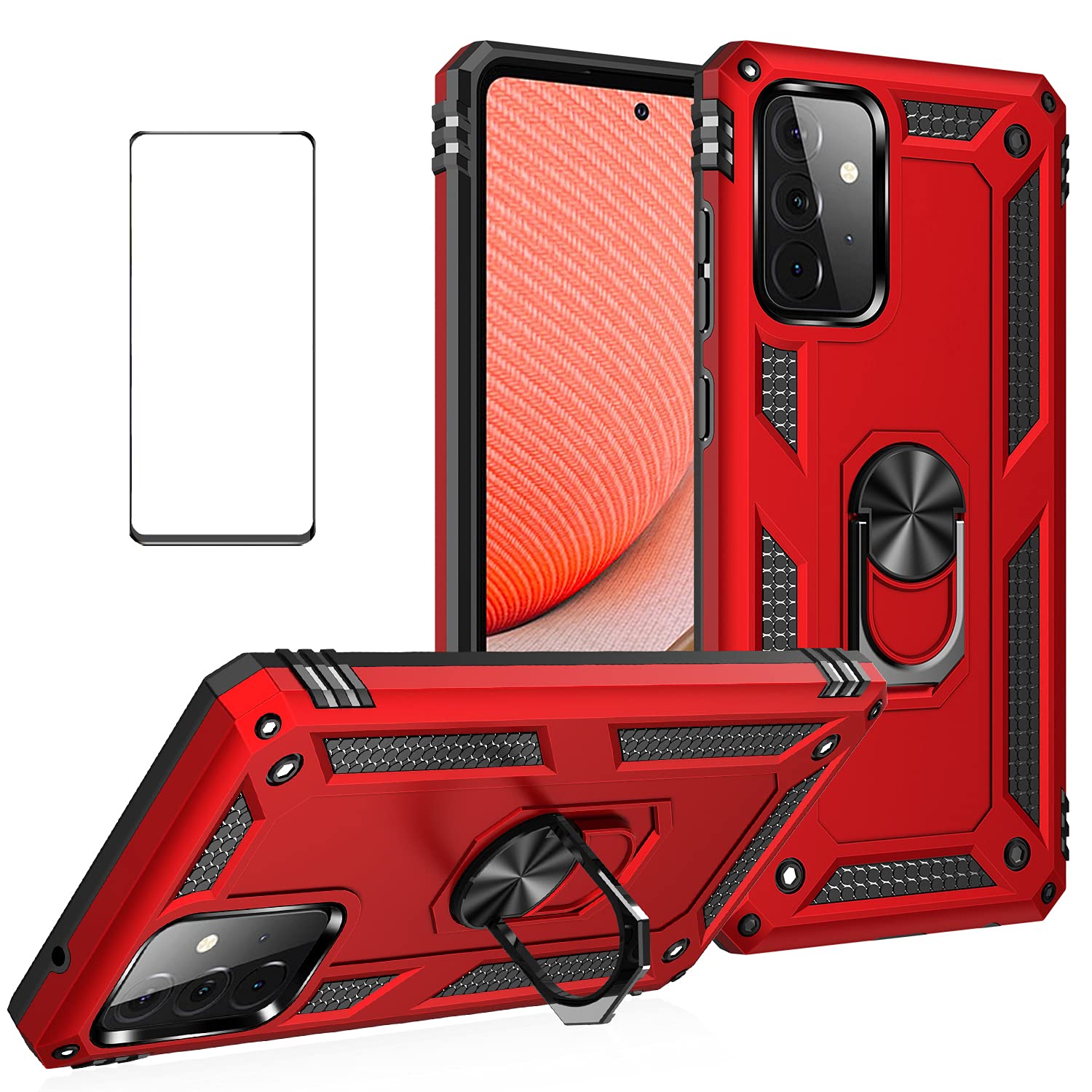 for Samsung A72 5G case + Tempered Glass Screen Protector,360 Degree Rotation Ring Kickstand ...