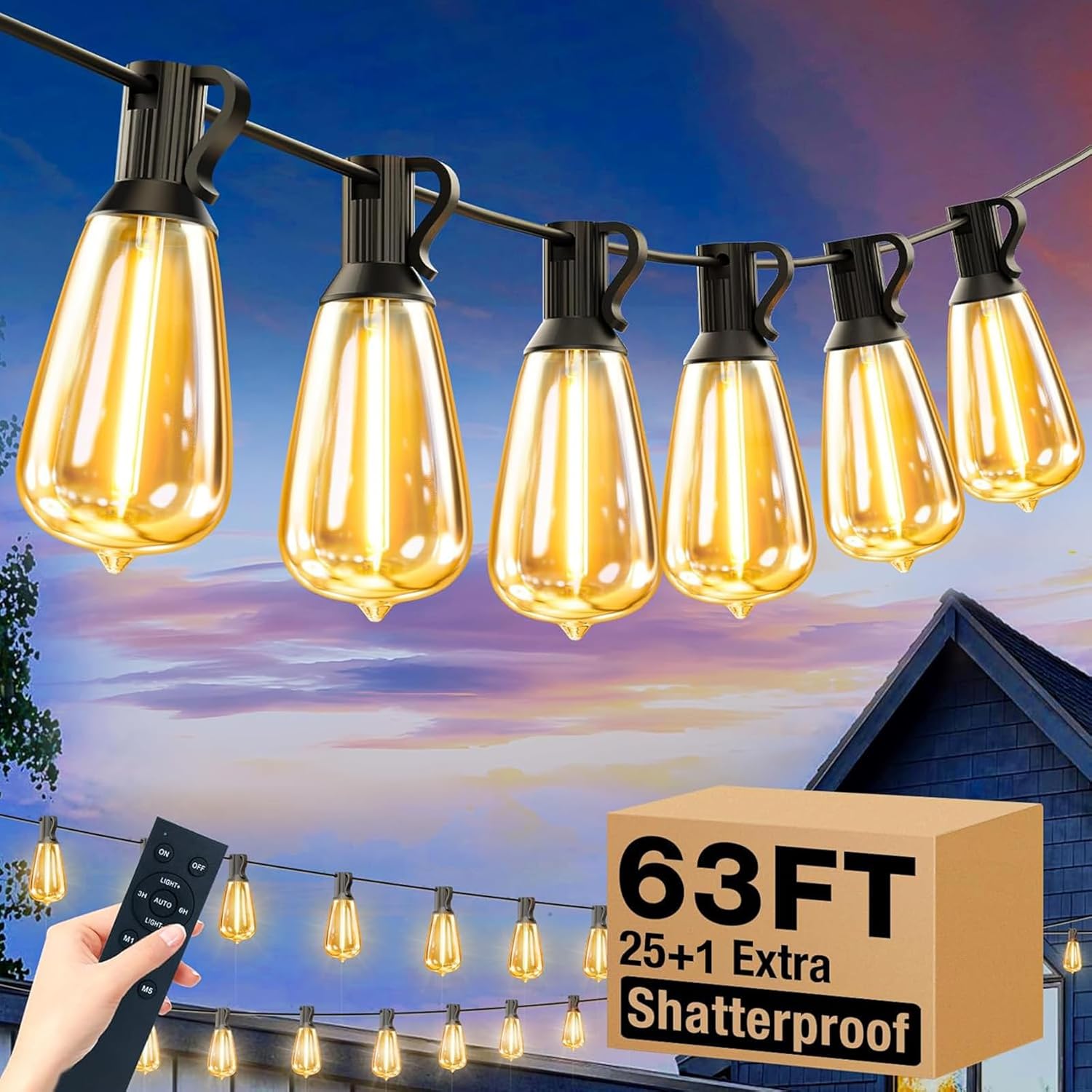 litogo Remote LED String Lights 60ft, Dimmable Edison Patio Lights ...