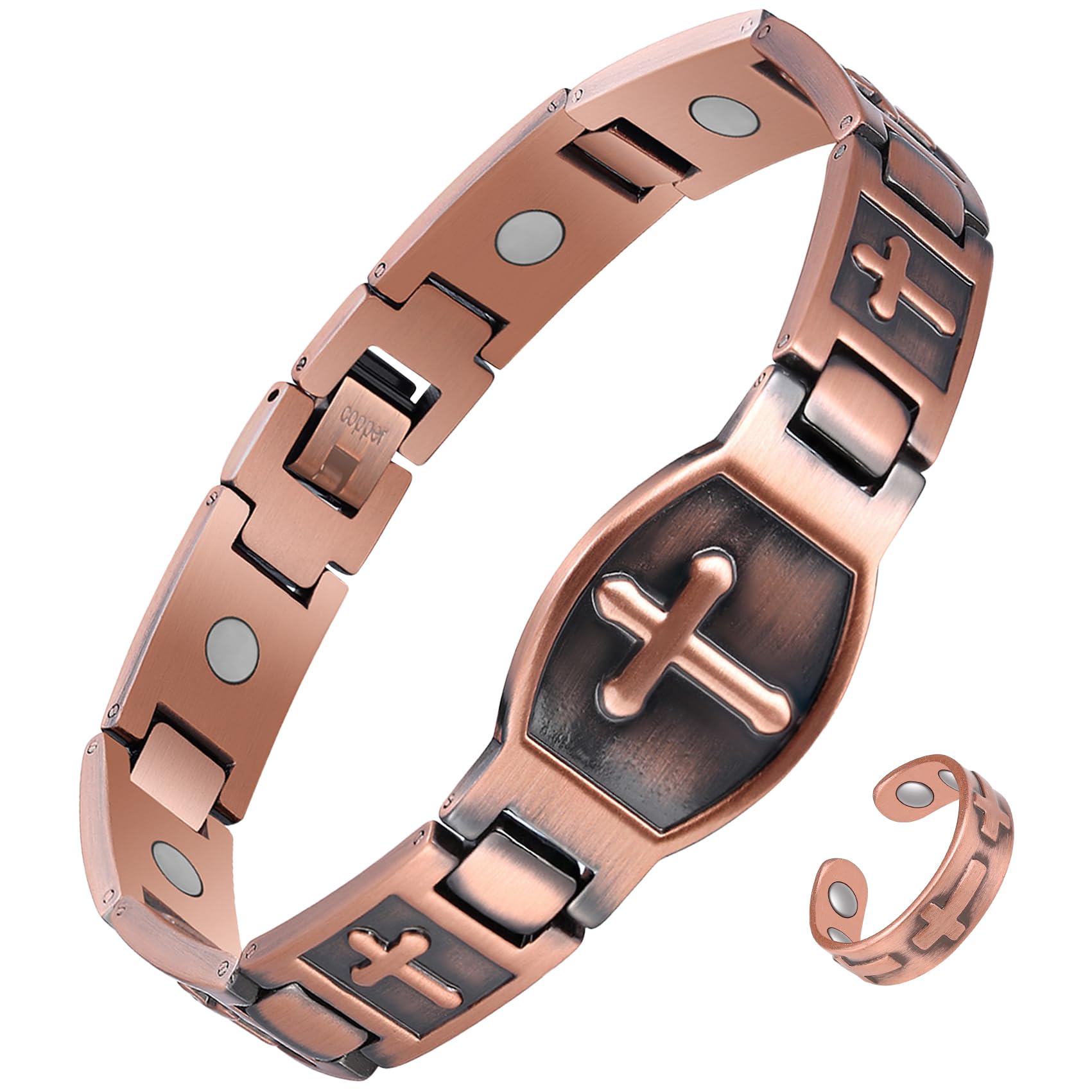 Amazon.com: Jecanori Copper Cross Bracelet & Ring for Men, Magnetic ...