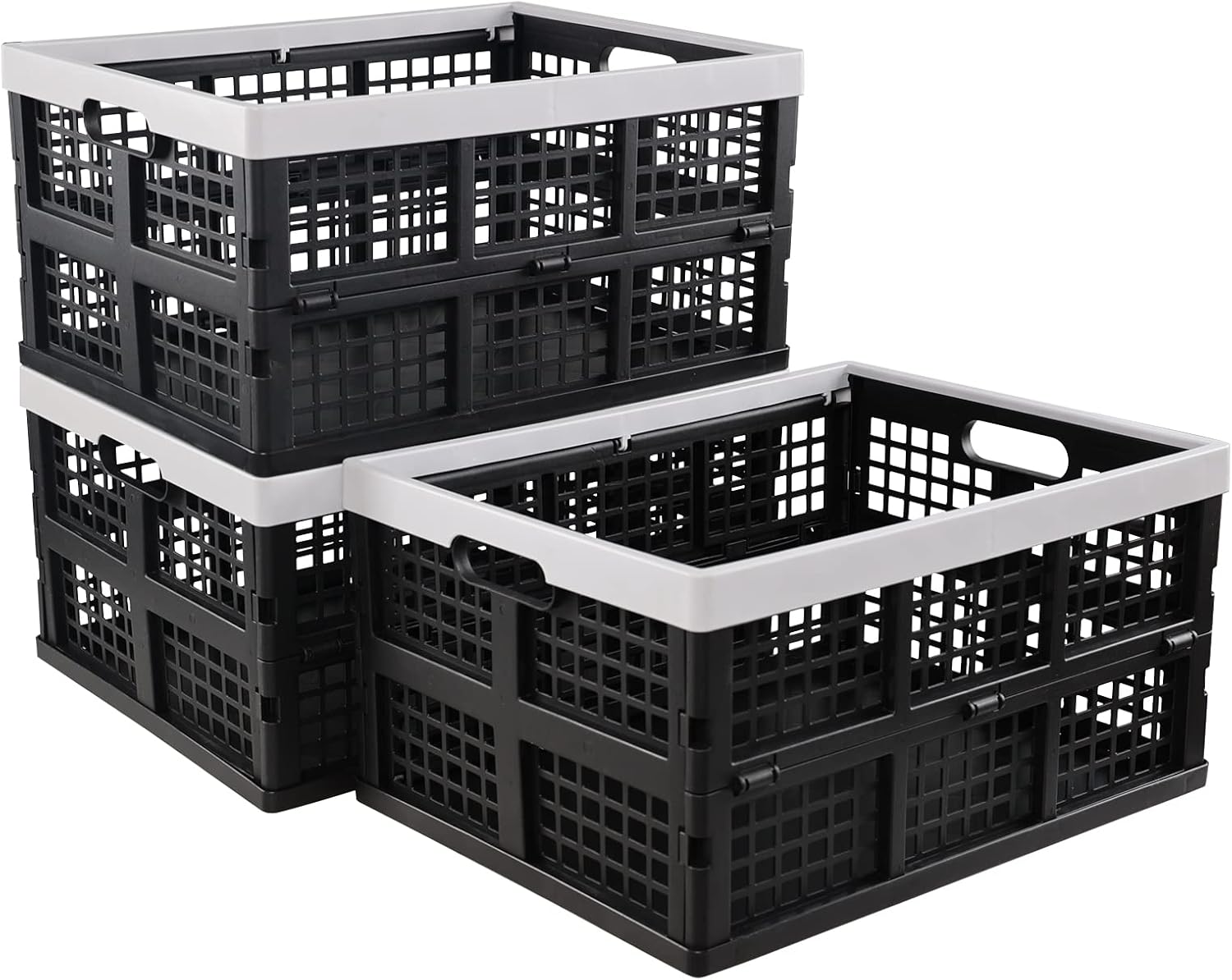 Ikando 3 Packs 30 L Black Foldable Crate, Plastic Collapsible Storage ...