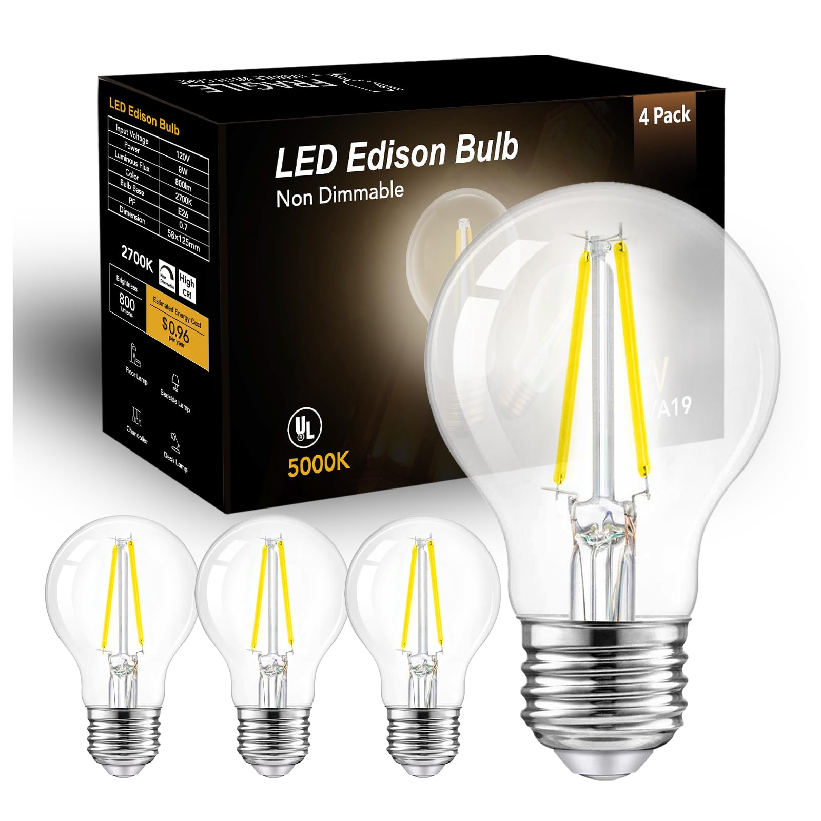 dalattin A19 Vintage LED Edison Bulbs, 60W Equivalent Light Bulbs ...