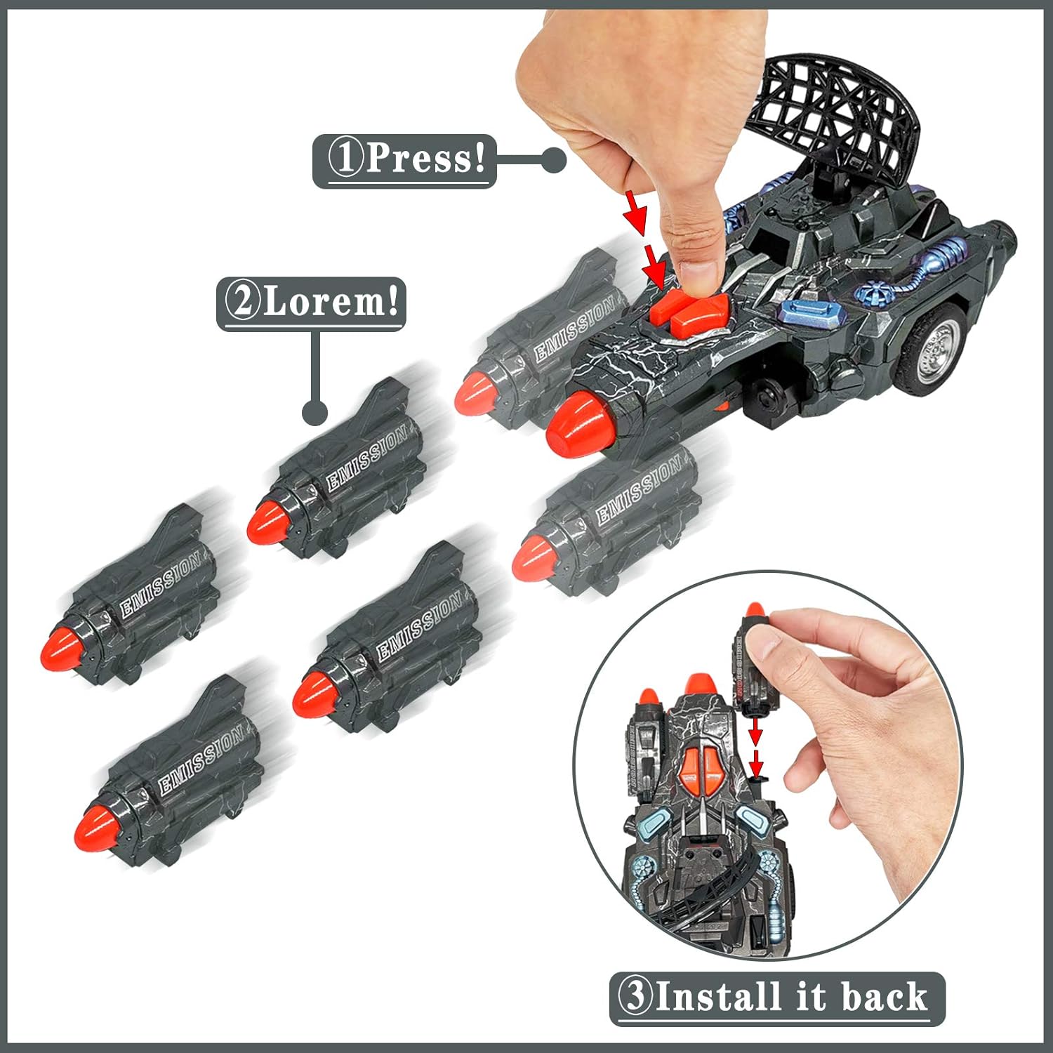 3in1 Car Toys for kids, Emission Panzer Toy Car with Eject Button and 2 ...