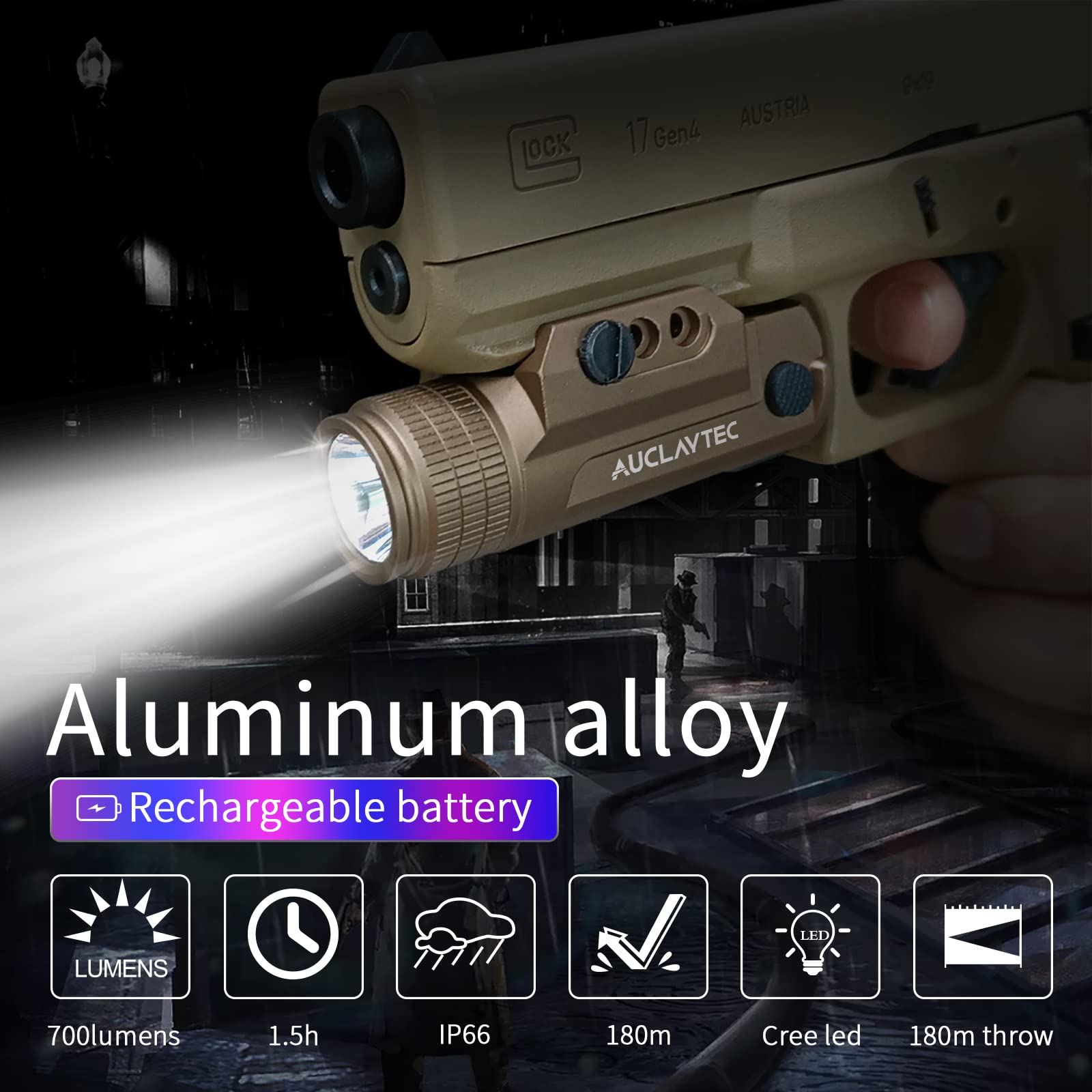 AUCLAYTEC 700 Lumens Rail Mounted Weapon Light USB Rechargeable Compact ...