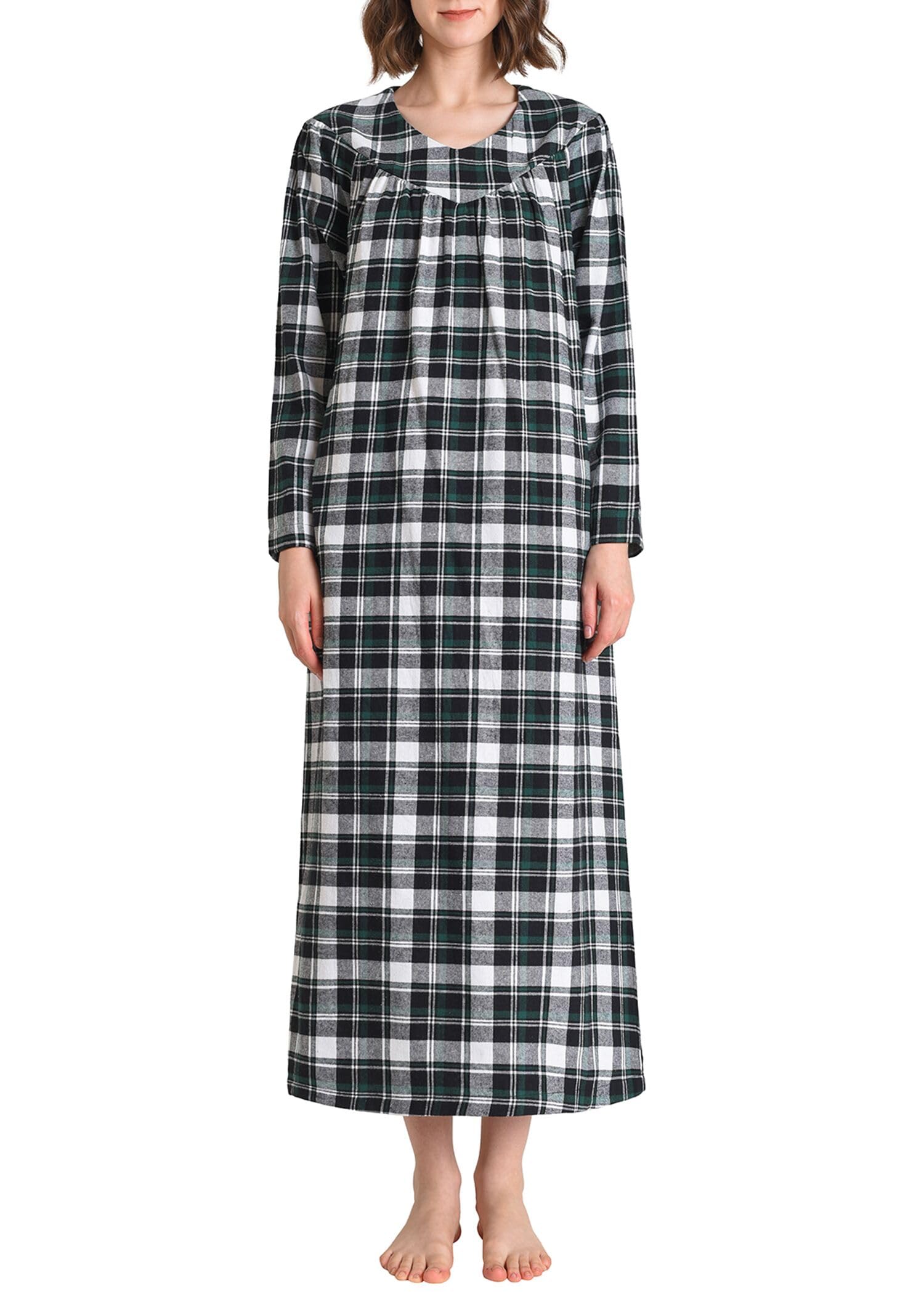 Latuza Women's Plaid Flannel Nightgown Long Sleeve V-Neck Nightgown ...
