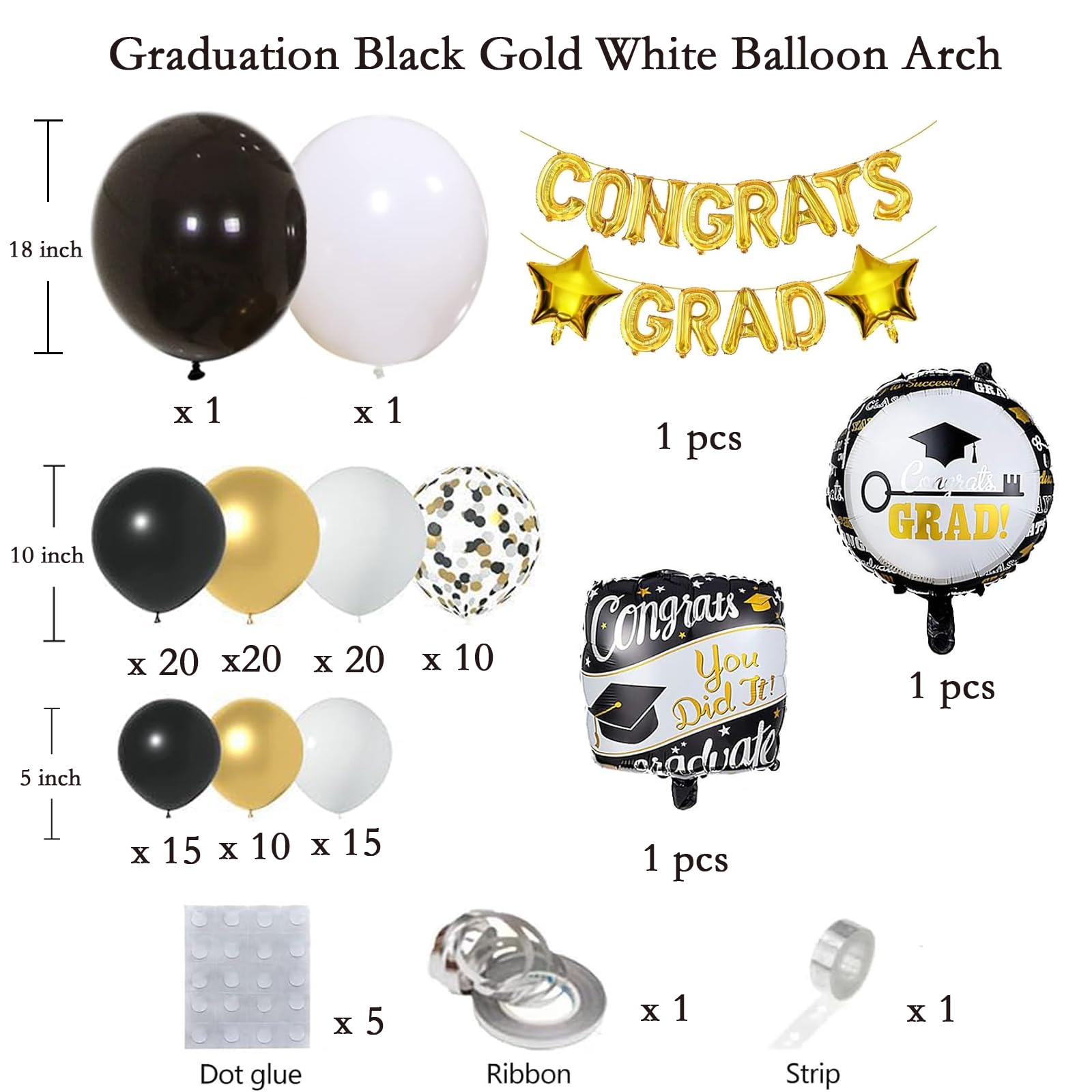 Snapklik.com : Graduation Balloon Garland Arch Kit Black White Gold ...