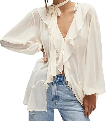 Amazon.com: Ruffle V Neck Tie Front Halter Top with Scarf Chiffon ...