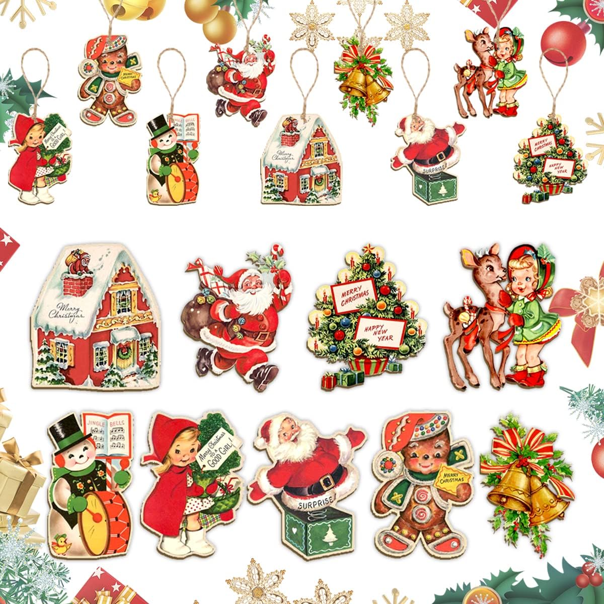 Amazon.com: 48-Piece Vintage Wood Christmas Tree Ornaments - Santa ...