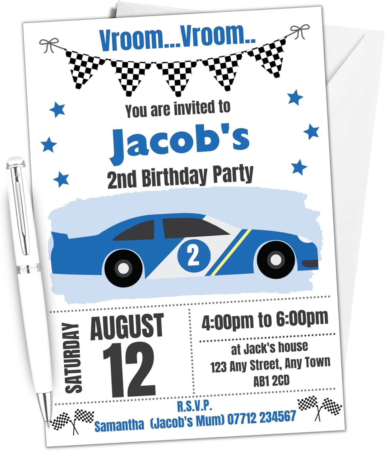 Love To Cherish Personalised Blue Racing Car Party Birthday Invitations ...