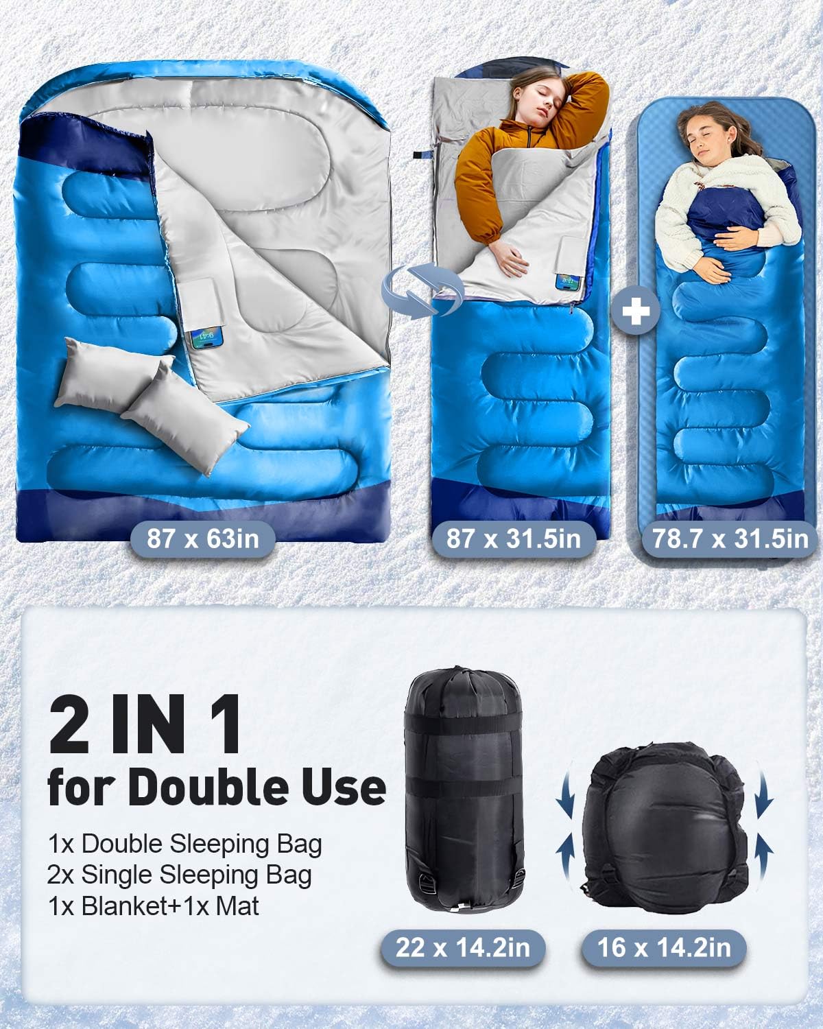 Double Sleeping Bag, Sleeping Bags for Adults with 2 Pillow, XL Queen ...