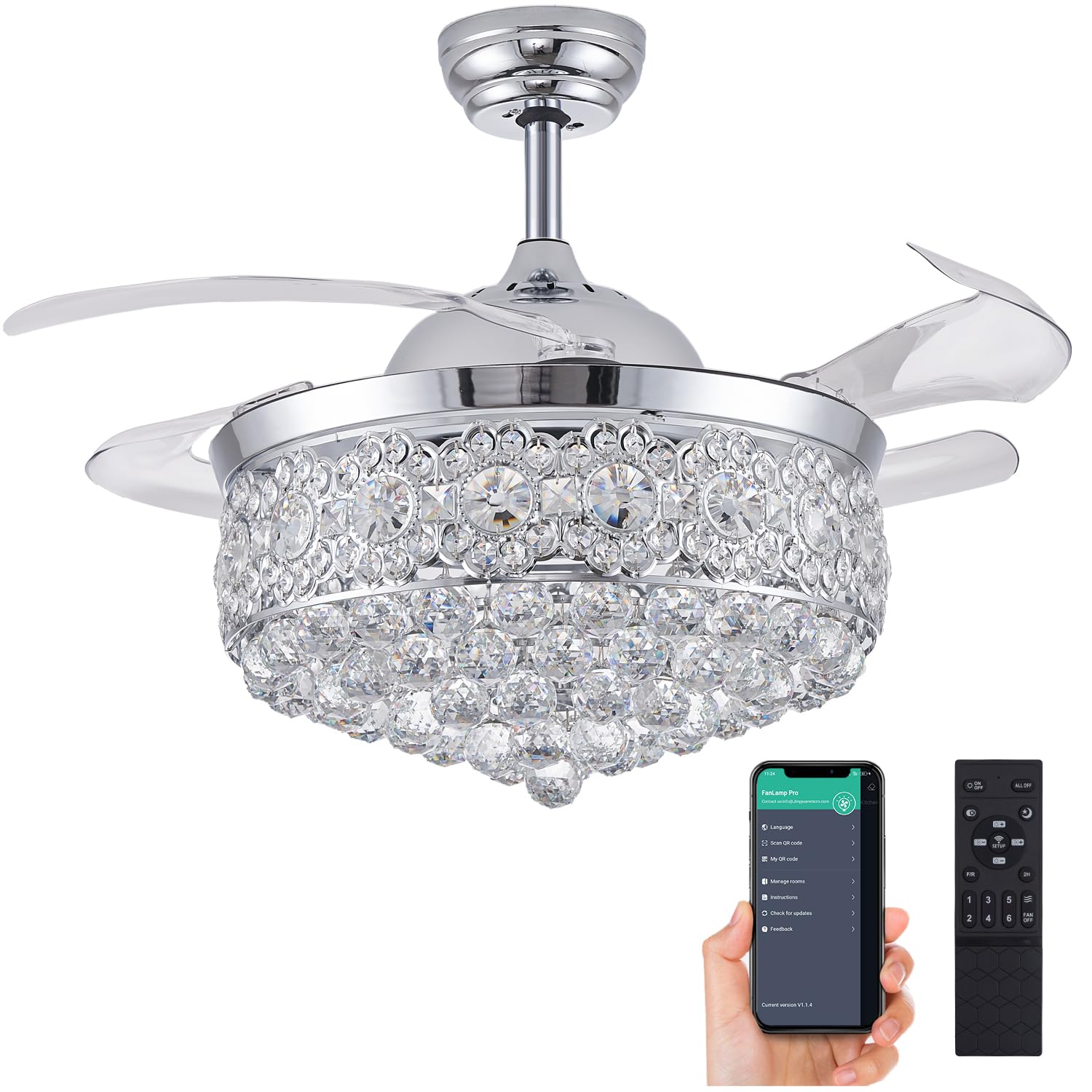 YOLIZUOT 48 Inches Dimmable Fandelier Crystal Ceiling Fans with Lights ...