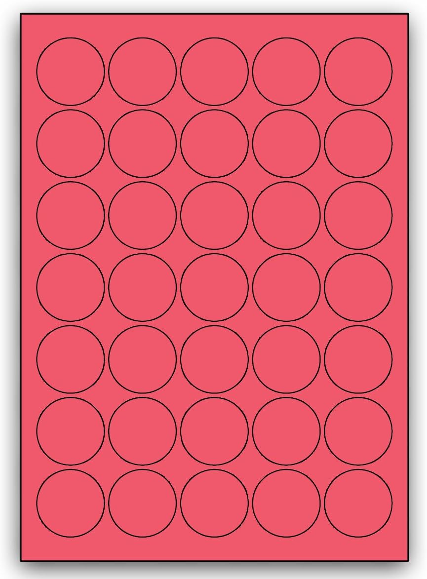 Multi Purpose Fluorescent Red Round Labels - 35 Labels Per Sheet - 25 ...