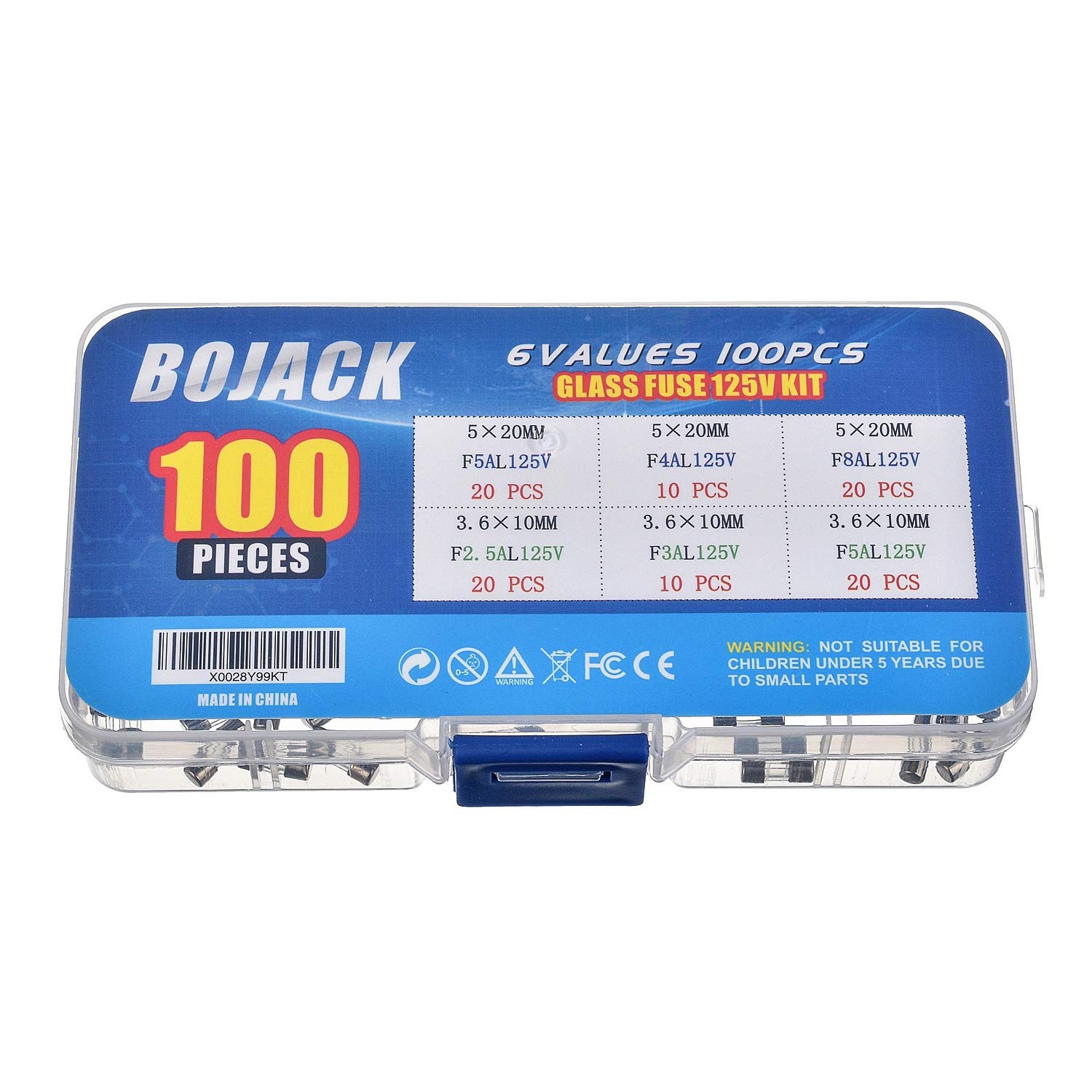 BOJACK 6 Values 100 pcs Fast-Blow Glass Fuses Assortment Kit 3.6x10mm ...