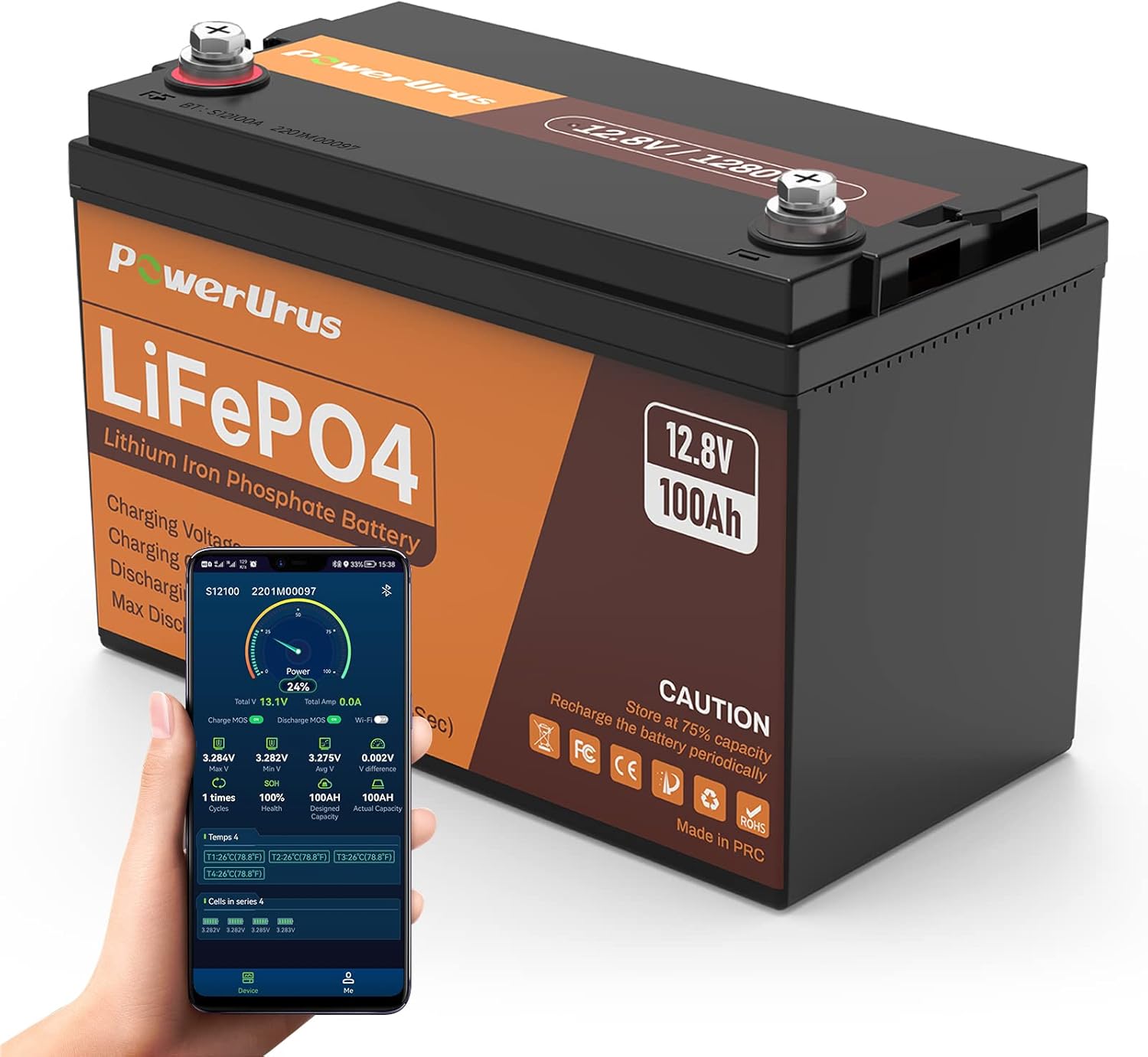 PowerUrus 12V 100Ah LiFePO4 Lithium Battery with Smart APP, Deep Cycle Marine Battery, Wireless ...