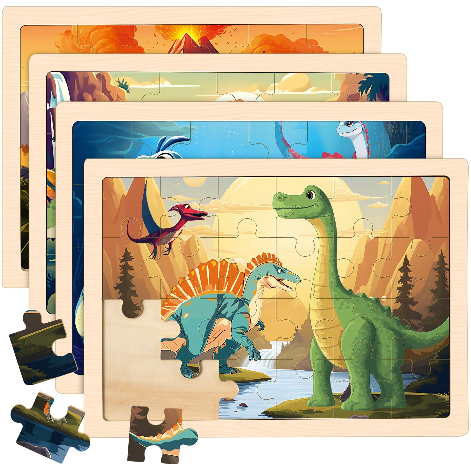 Amazon.com: Wooden Dinosaurs Puzzles for Kids Age 3 4 5 Year Old, 4 ...