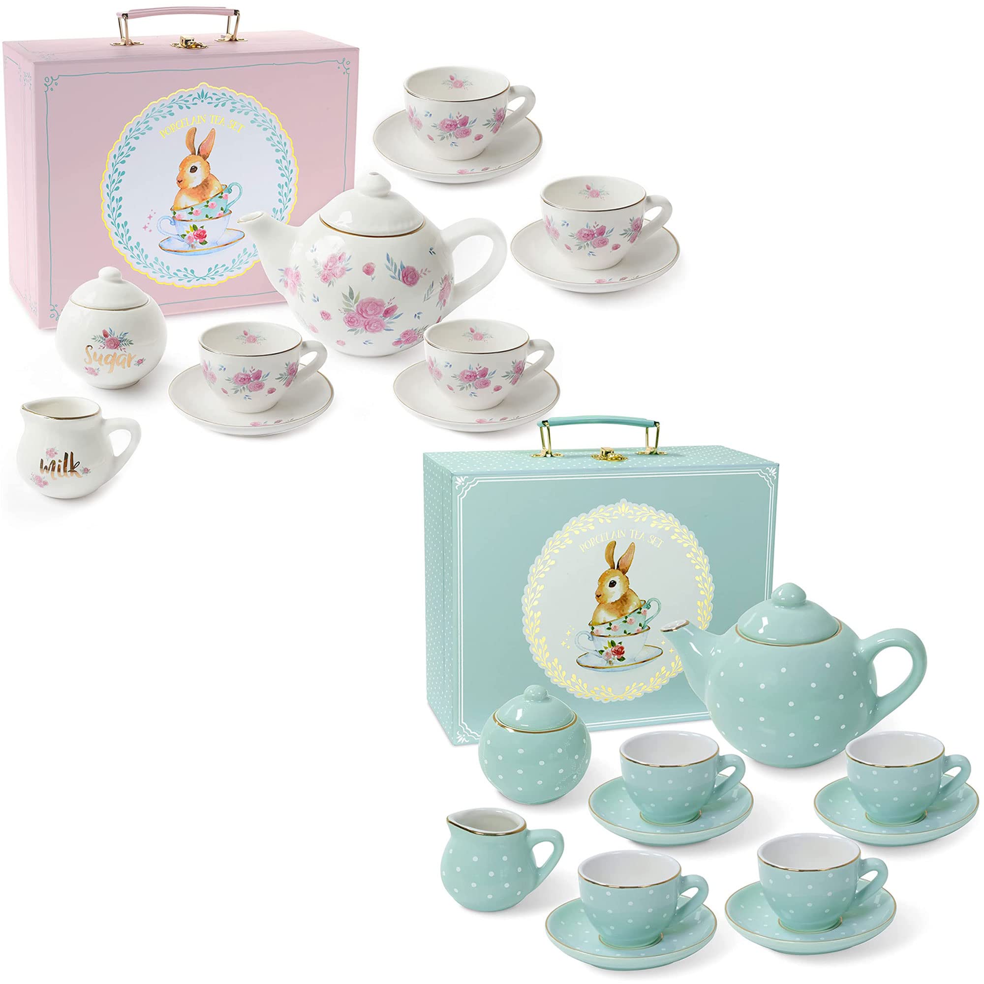 Jewelkeeper Porcelain Tea Set for Little Girls, Blue Polka Dot Design ...
