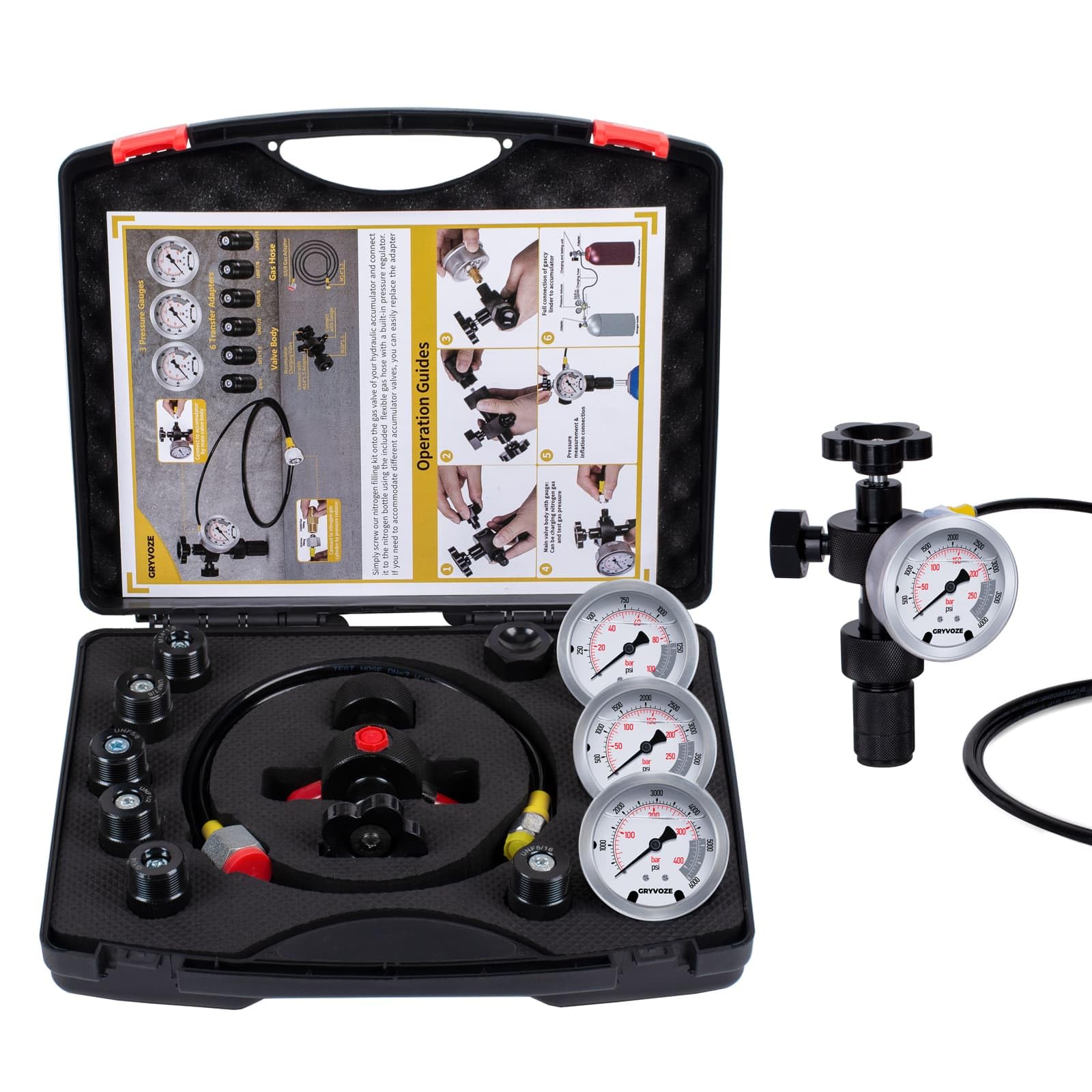 Hydraulic Nitrogen Accumulator Charging Kit With 3 Pressure Test Gauges ...
