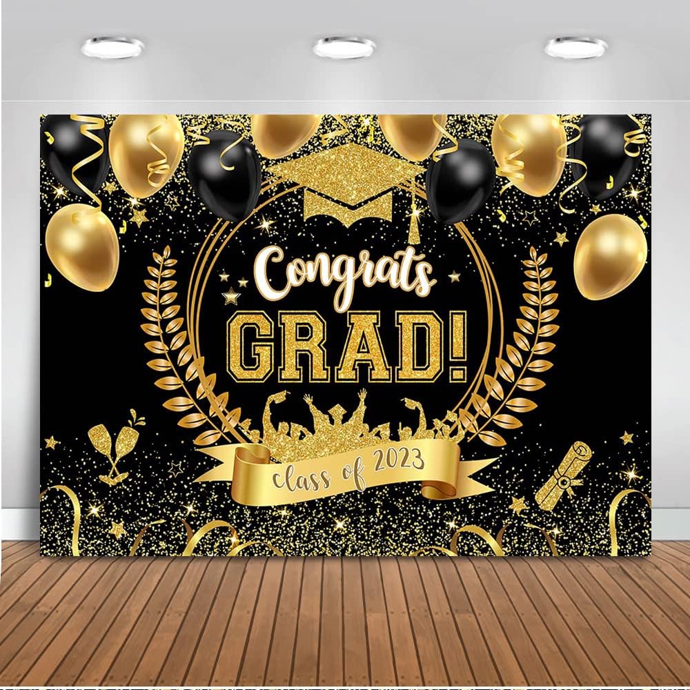 Amazon.com : Mocsicka Graduation Backdrop Congrats Grad Black and Gold ...