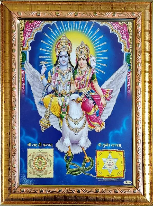 Art Lord Vishnu and Lakshmi Riding on Divine Vehicle Garuda Religious ...