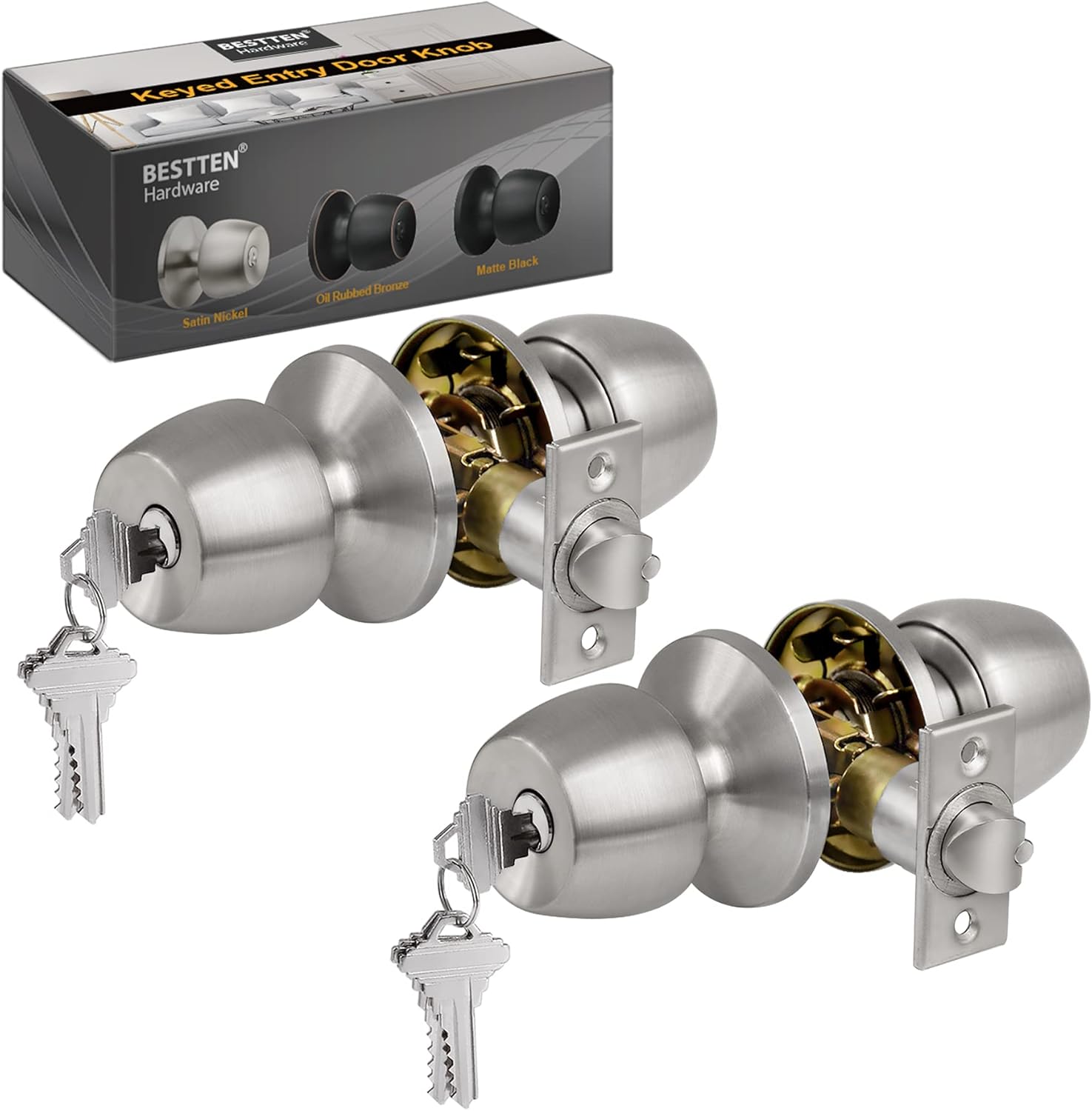 [2 Pack] BESTTEN Keyed Alike Entry Door Knob with Same Keys, Removable ...
