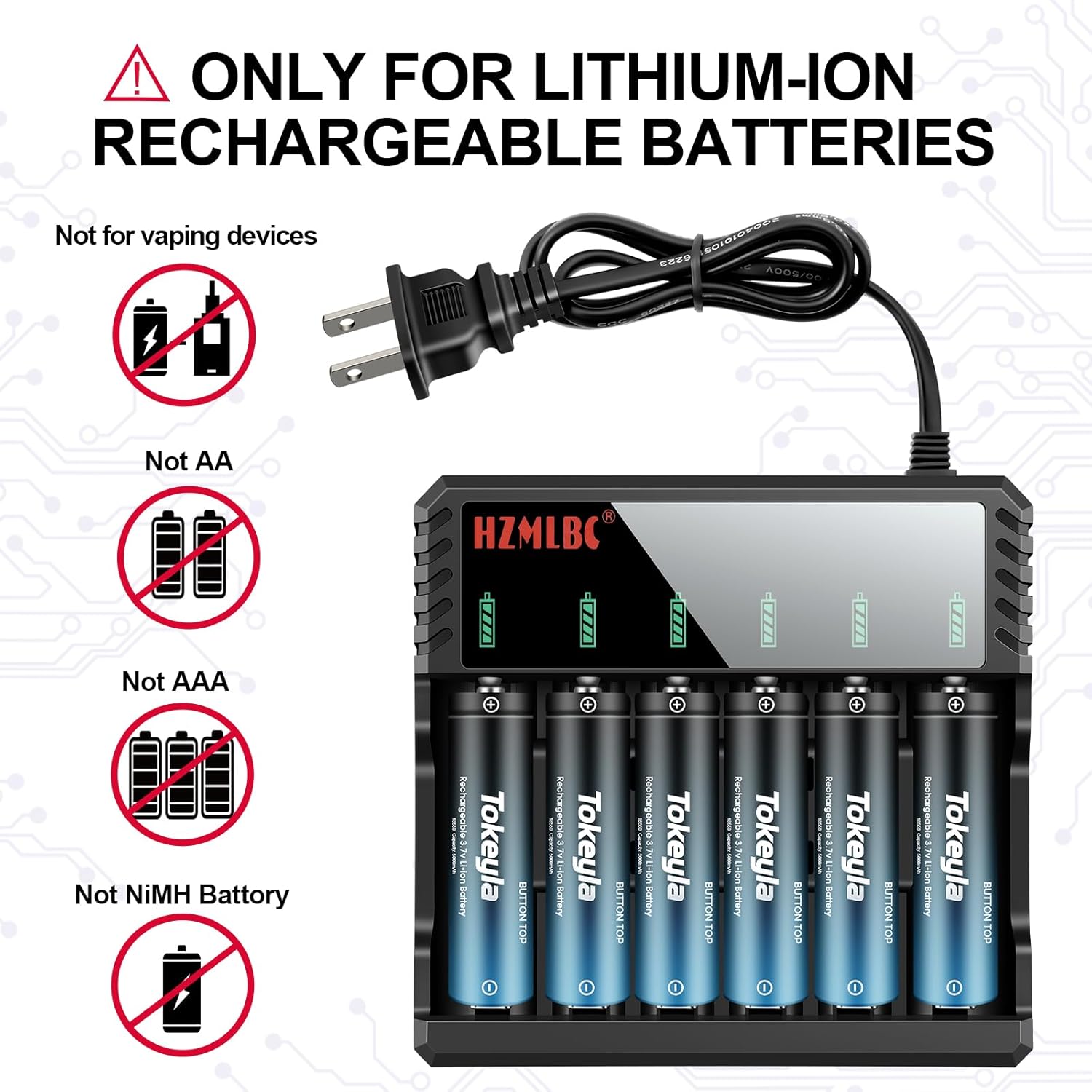 Tokeyla Juego de cargador de batería 18650 de 6 bahías, cargador de baterías universales ...