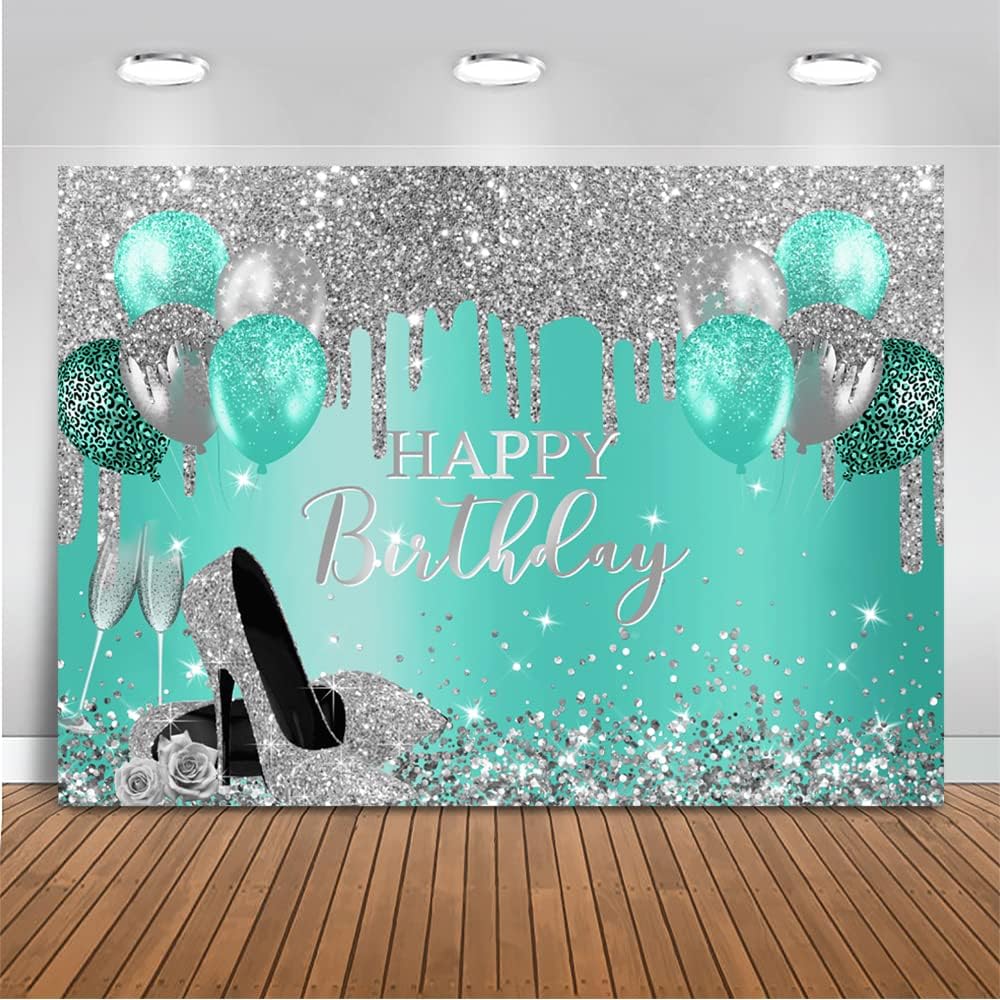 Amazon.com : Mocsicka Turquoise Silver Birthday Backdrop Teal Happy ...