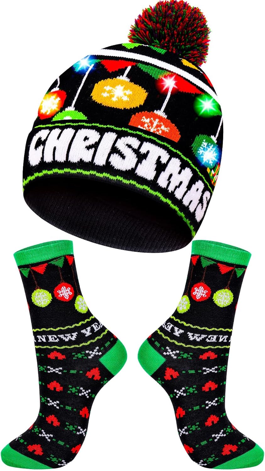 Amazon.com: MGparty LED Christmas Beanie Hats with Crew Socks Light-Up ...