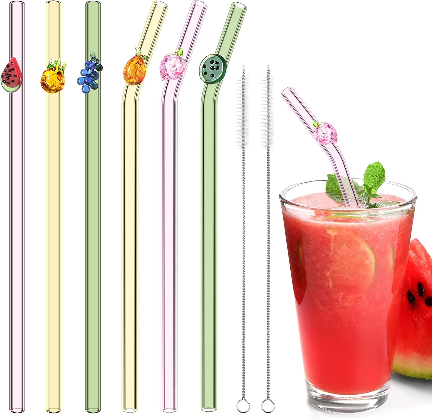 Amazon.com: 6 Pcs Glass Straws with Design Reusable Cute Fruit Drinking ...