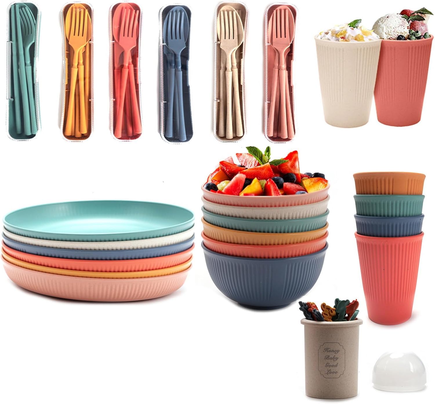 BERRYLION 60Pcs Plastic Dinnerware Sets for 6, Unbreakable Colorful ...