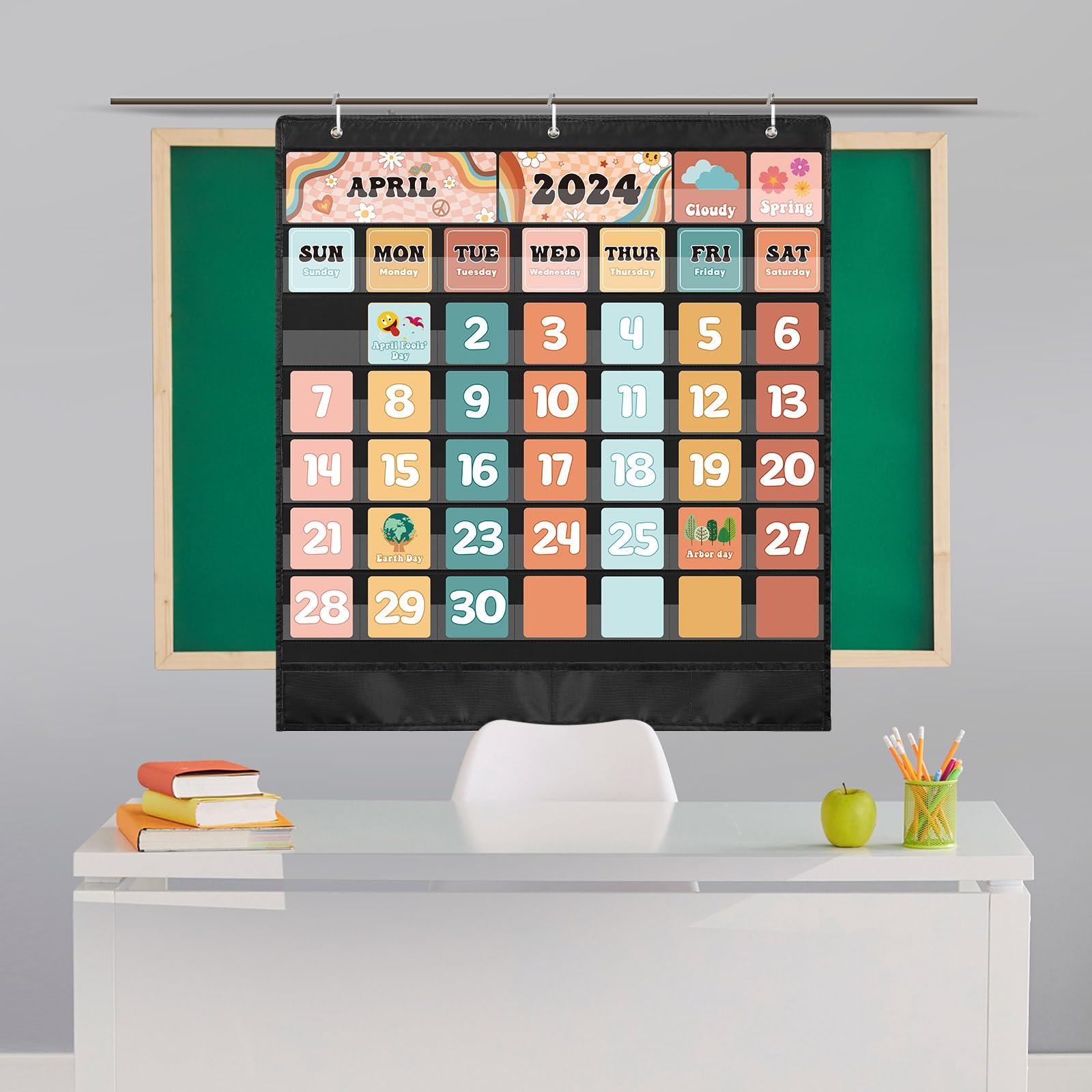 Snapklik.com : 121 Pcs Classroom Calendar Pocket Chart Retro Groovy ...