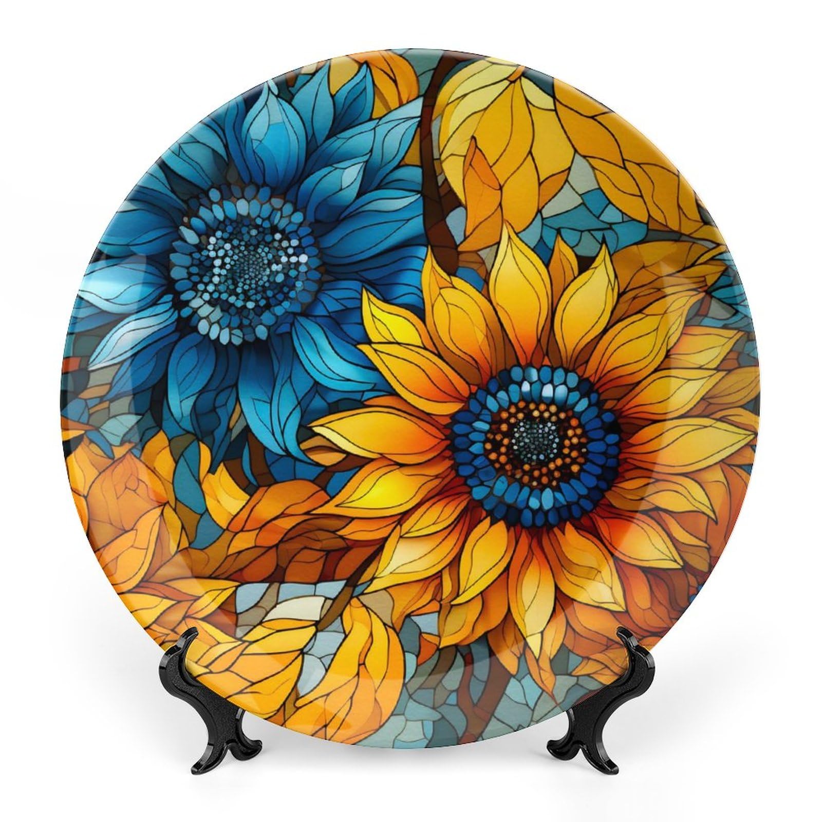 Amazon.com: Gokays Decorative Plates, Sunflower Blue & Orange Stained ...
