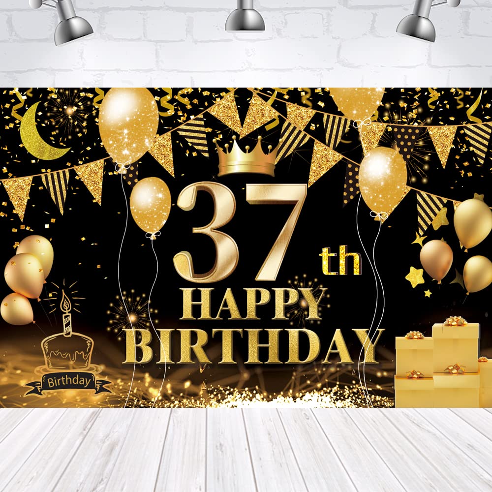 Happy 37th Birthday Backdrop Banner Black Gold 37th Sign Poster ...