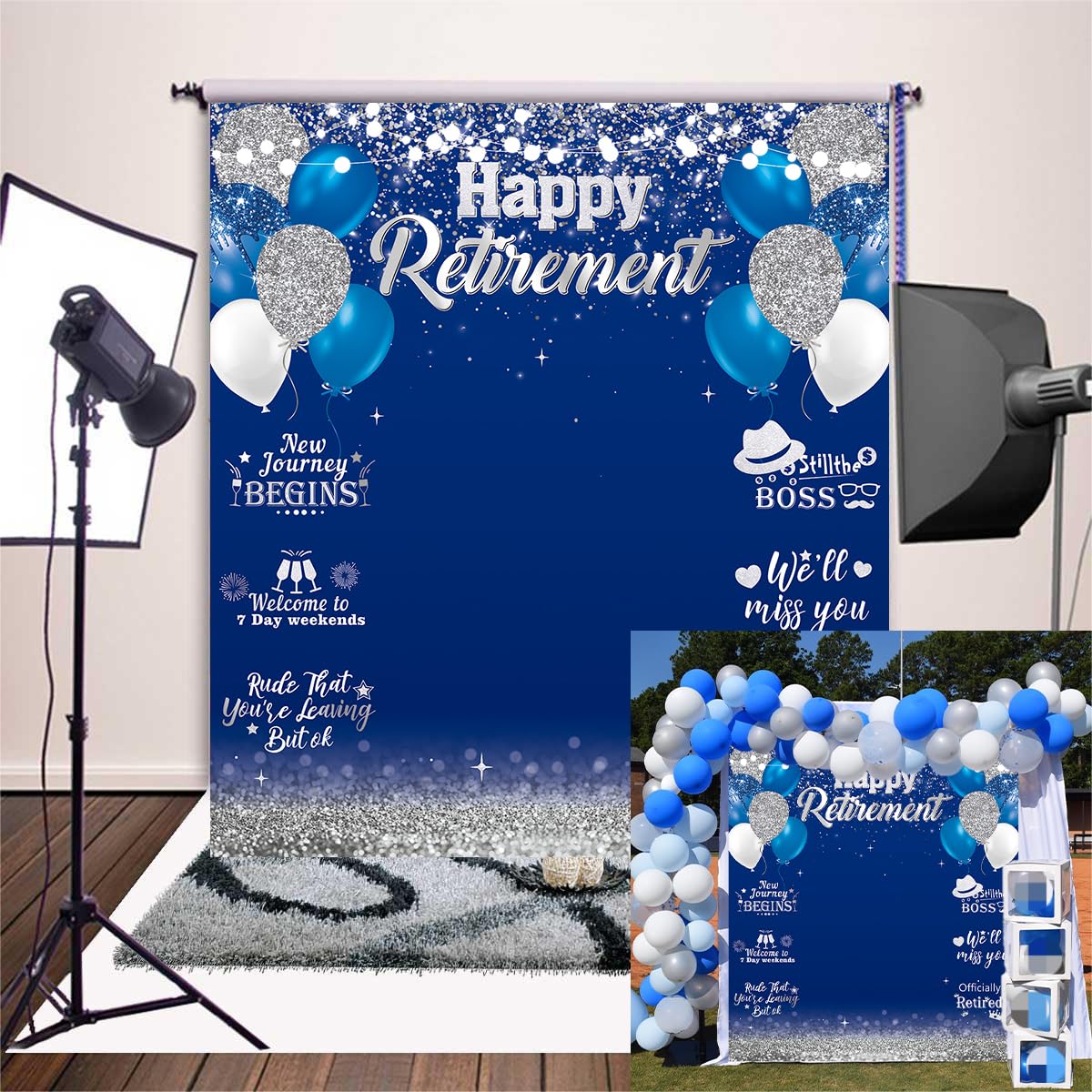 Snapklik.com : RUYI Blue Silver Happy Retirement Backdrop 6x6.6FT We ...