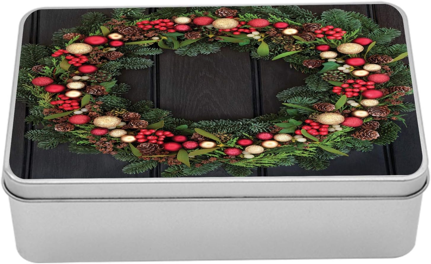 Amazon.com: Ambesonne Christmas Metal Box, Christmas Wreath Design with ...