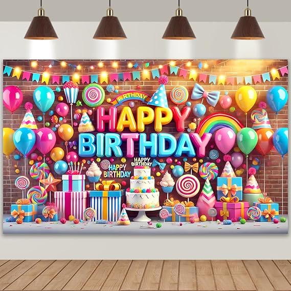 Amazon.com: Colorful Birthday Party Backdrop Bright Happy Birthday ...