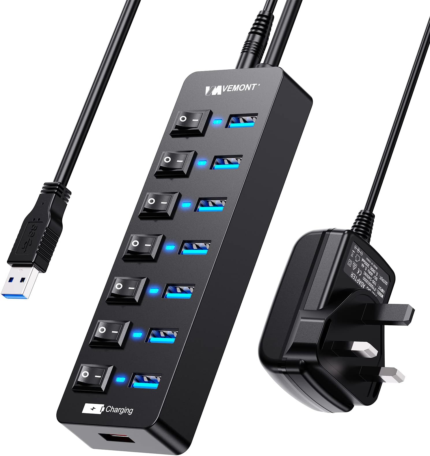 Powered USB Hub 3.0,VEMONT 7 Ports Multi USB Hubs and 1 USB Smart Charging Port with 5V/3A Power ...