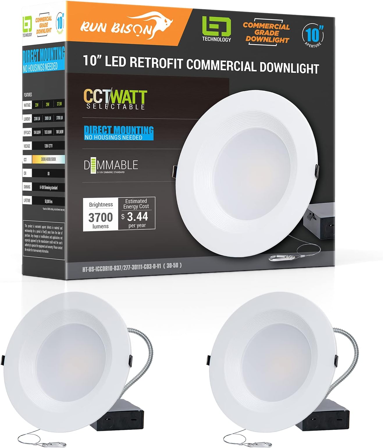 Run Bison 10 Inch Recessed LED Commercial Downlight with J-Box, Wattage ...