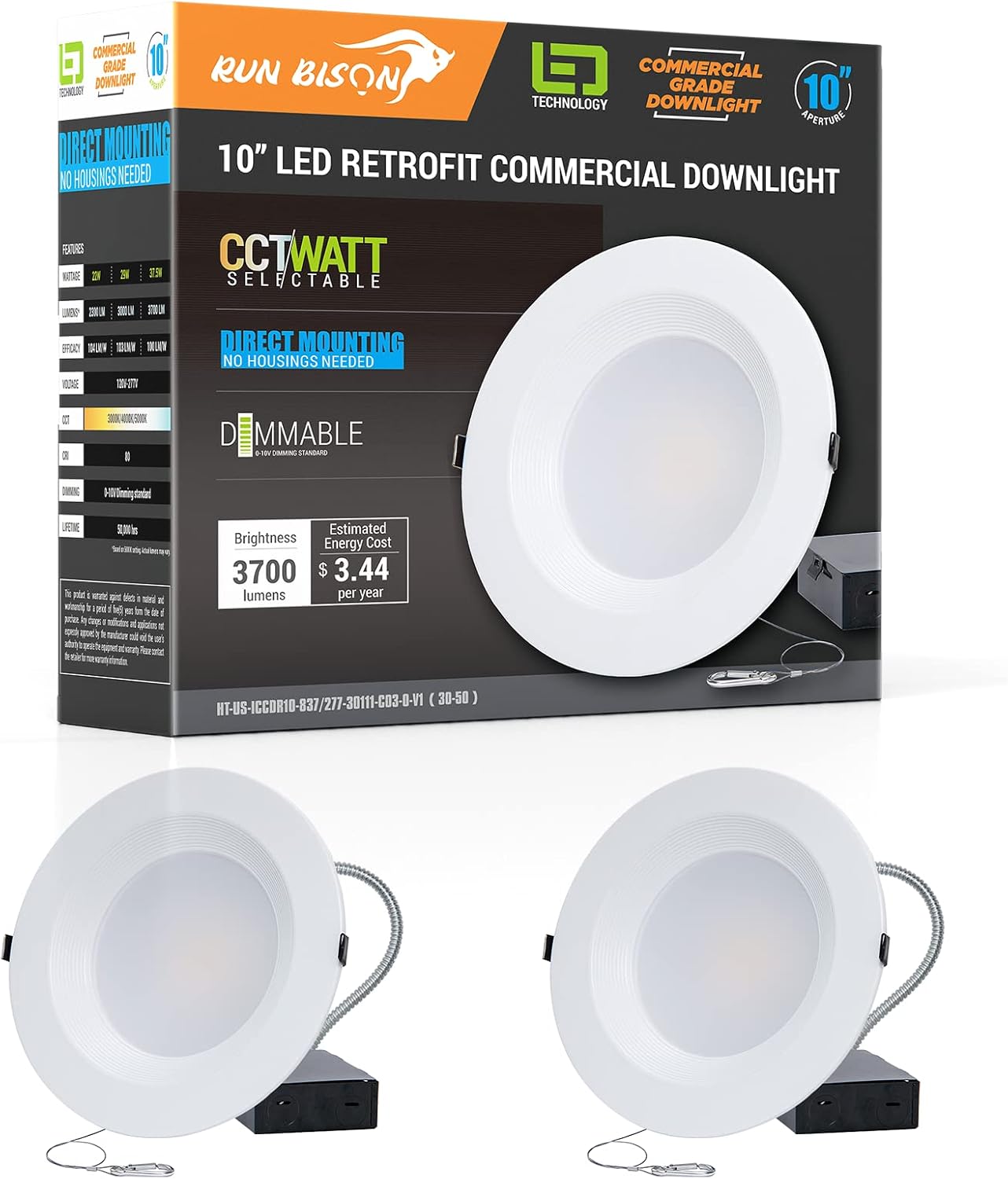 Run Bison 10 Inch Recessed LED Commercial Downlight with J-Box, Wattage ...