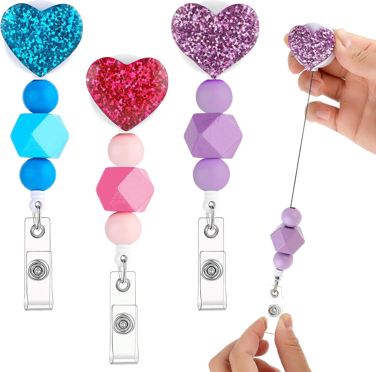 Amazon.com : Prasacco 3 Pack Bling Heart Badge Reels, Cute Retractable ...