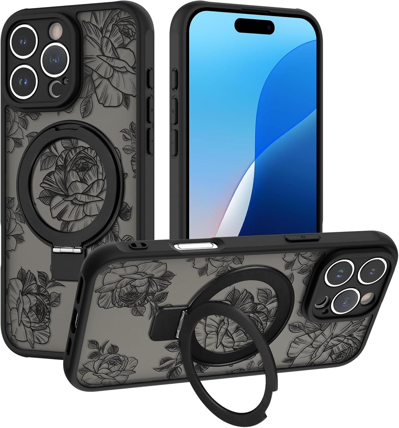 Amazon.com: AIGOMARA Case for iPhone 16 Pro [Compatible with MagSafe] Black Flower Floral ...