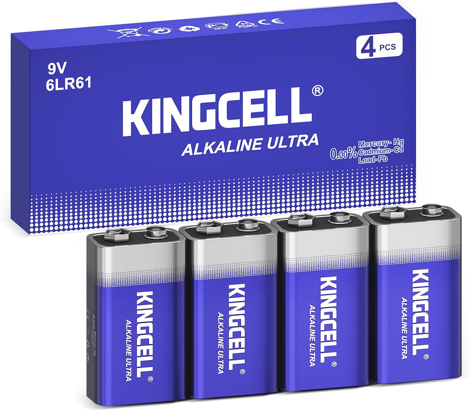 KINGCELL 9V Battery 4 Pack - 6LR61 Alkaline - Long-Lasting Power ...