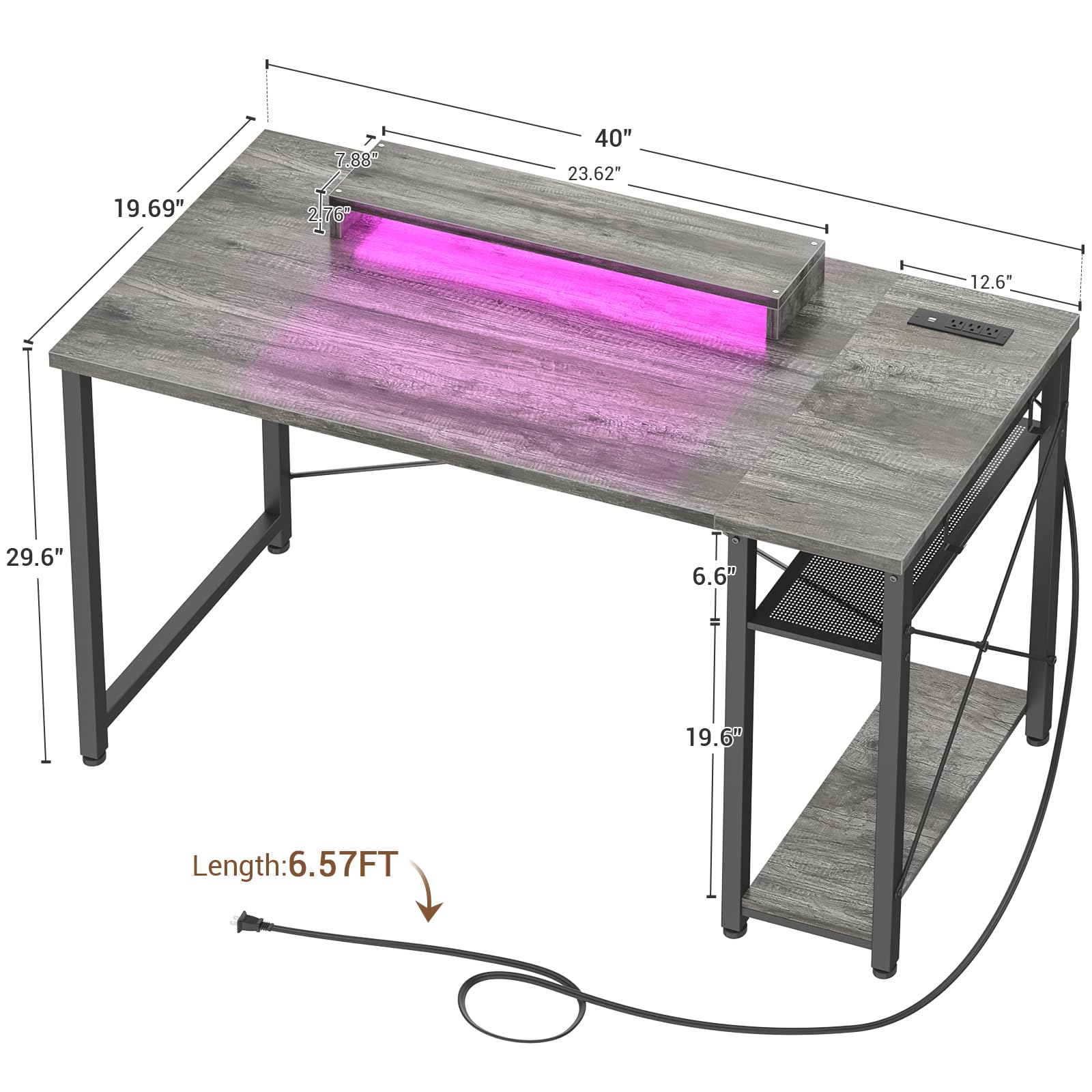 armocity Computer Desk with LED Lights, Gaming Desk with Power Outlet ...