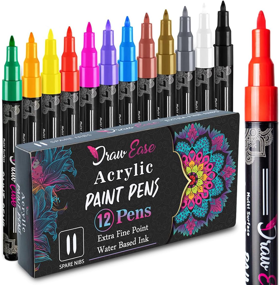 Draw Ease Acrylic Paint Pens Set of 12 Colours, 0.7mm Tip Glass Pens ...